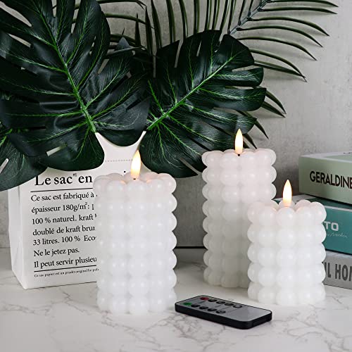 GenSwin Flameless Bubble Candles Flickering with Remote Timer,Battery Operated LED Real Wax Candles Aesthetic Home Room Decor (Set of 3,White,3”x 4.5”5.5”6.3”)