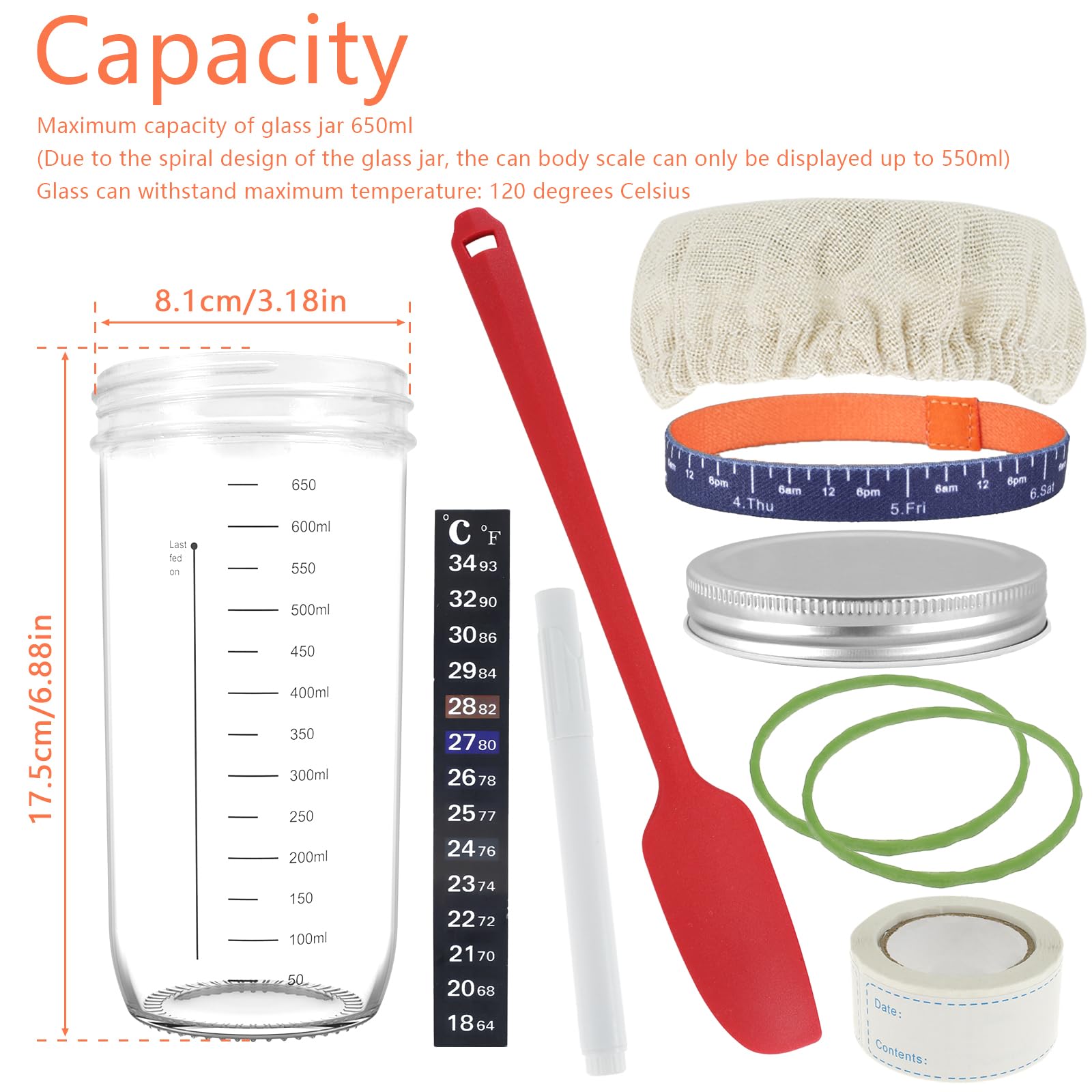 Sourdough Starter Jar, Aluminium Lid Sourdough Starter Container Clear Glass Sourdough Fermentation Jar 730ml with Cloth Cover Spatula Elastic Band Thermometer Strip Labels Pen for Bread Baking