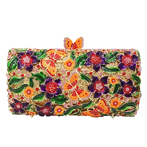 Boutique De FGG Flowers & Butterfly Women Crystal Clutch Evening Bag Wedding Party Rhinestone Handbags (Small,Orange Purple)