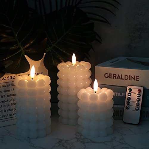 GenSwin Flameless Bubble Candles Flickering with Remote Timer,Battery Operated LED Real Wax Candles Aesthetic Home Room Decor (Set of 3,White,3”x 4.5”5.5”6.3”)