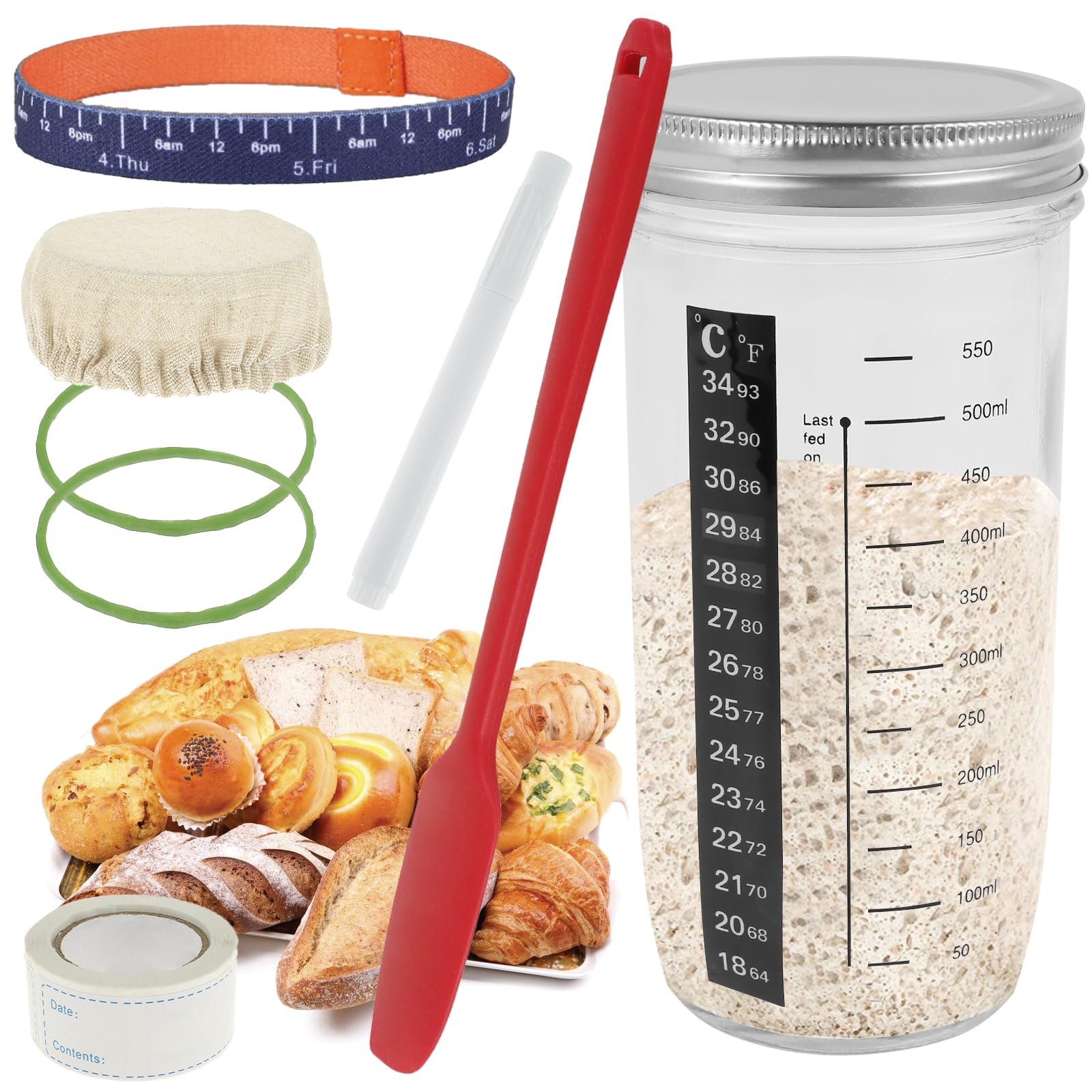 Sourdough Starter Jar, Aluminium Lid Sourdough Starter Container Clear Glass Sourdough Fermentation Jar 730ml with Cloth Cover Spatula Elastic Band Thermometer Strip Labels Pen for Bread Baking