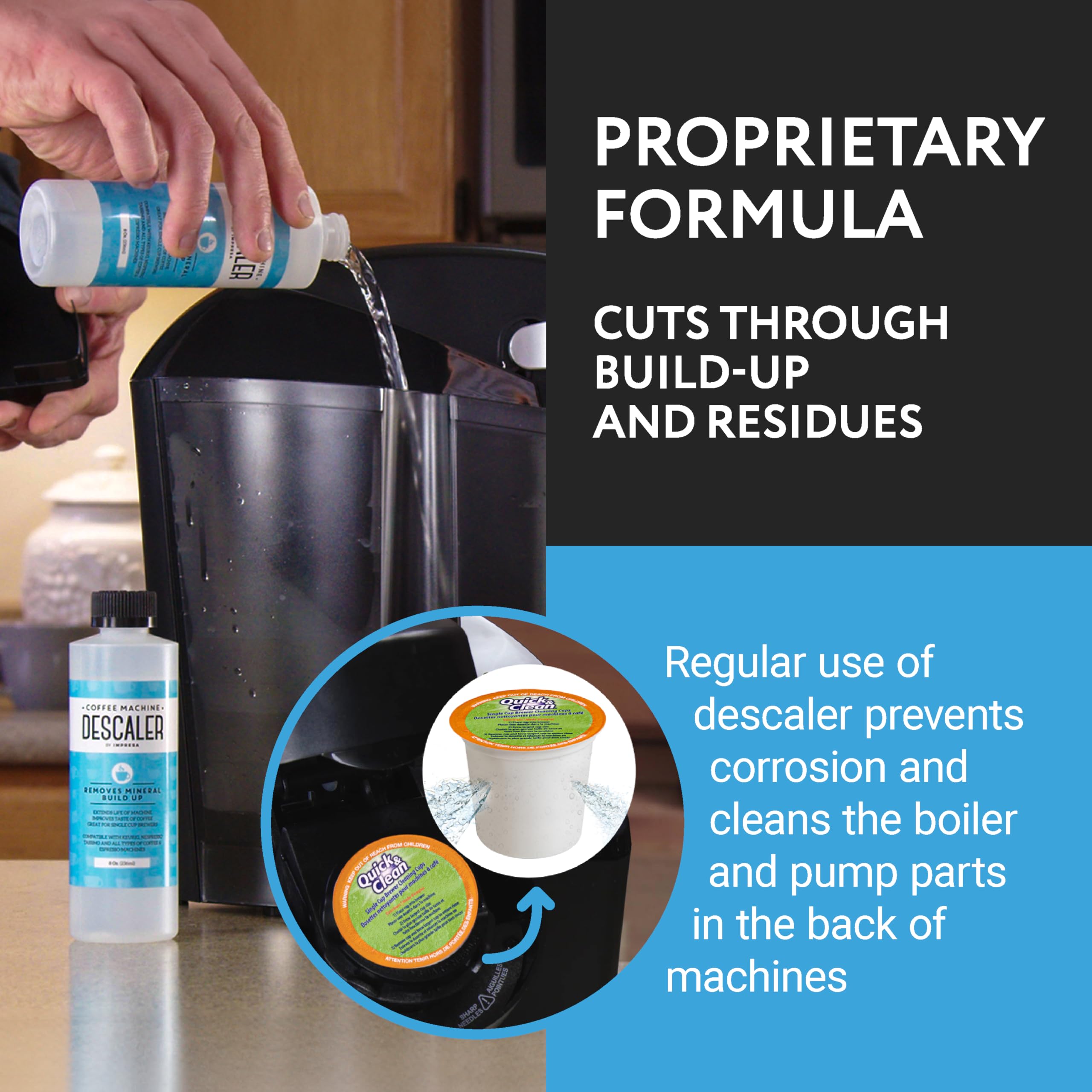 IMPRESA Cleaning and Descaler Kit - 2 Uses Per Bottle Plus 4 Cleaning Cups Compatible with Keurig K-Cup Pod Machines - Made in USA - Universal Descaling Solution and Stain Remover