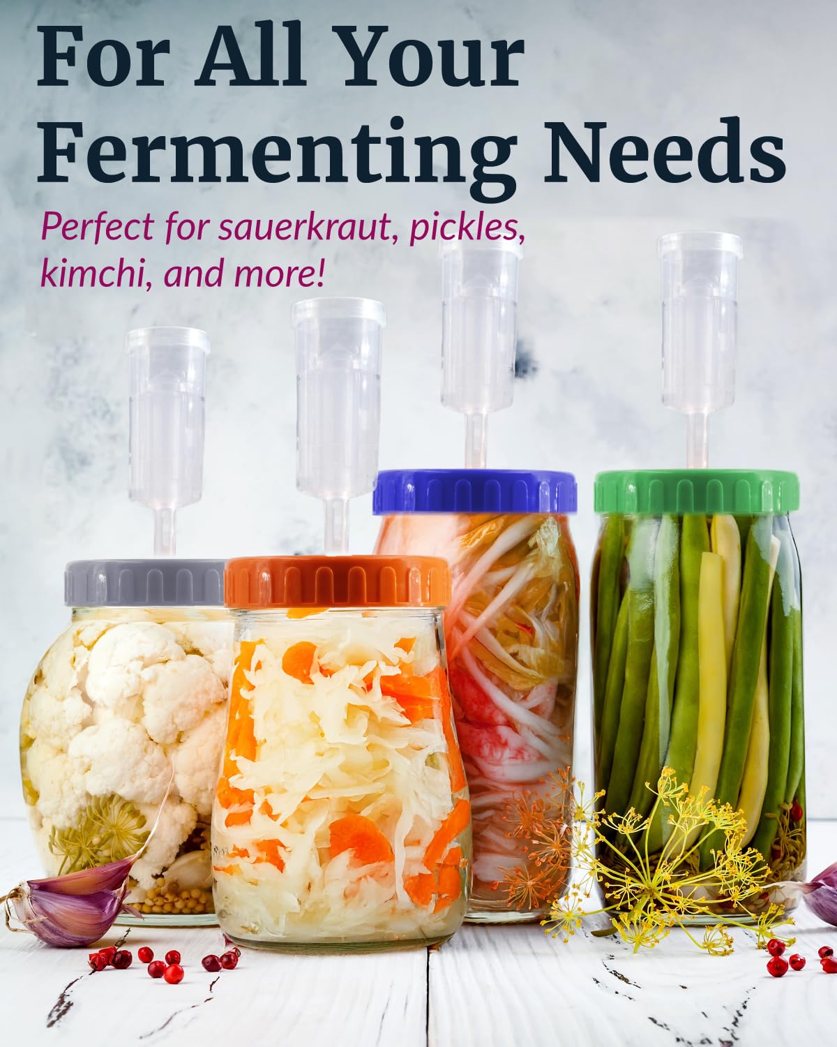 Mason Jar Fermentation Lids - Perfect Fermentation Kit for Wide Mouth Mason Jars (not included) - Make Delicious Sauerkraut & Kimchi, Airlocks for Fermenting Lids, Air Lock Fermenters - Set of 4