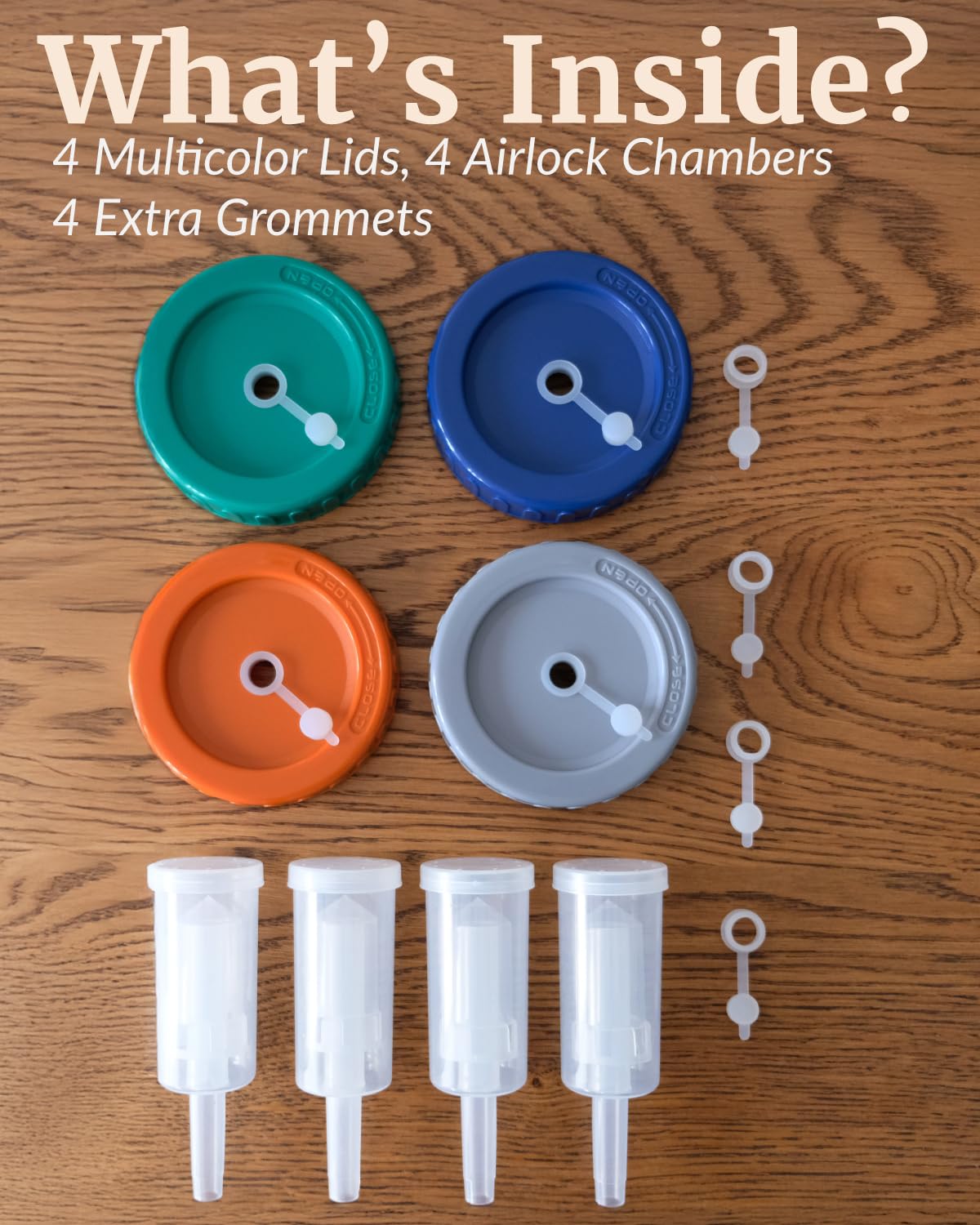 Mason Jar Fermentation Lids - Perfect Fermentation Kit for Wide Mouth Mason Jars (not included) - Make Delicious Sauerkraut & Kimchi, Airlocks for Fermenting Lids, Air Lock Fermenters - Set of 4