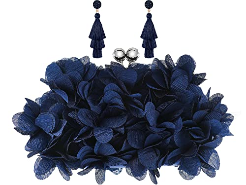 Clutch Evening Bags Satin Floral Appliques Clutch Purses Bohemian Tiered Earring for Women Prom Layered Tassel Earrings (Navy Blue)