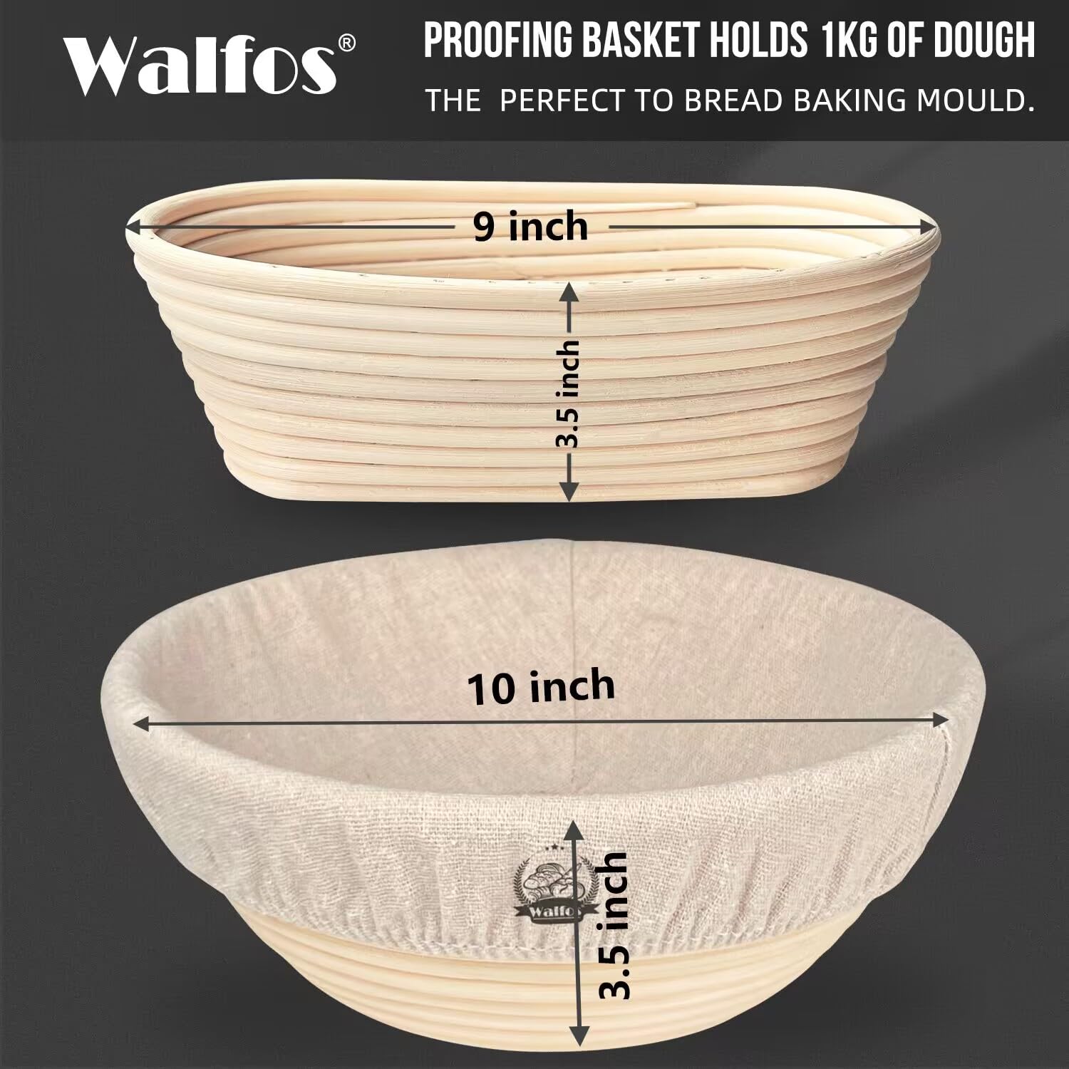 Walfos Banneton Proofing Basket Set(9 pcs)-100% Natural Rattan Sourdough Bread Basket,10" Round & 9" Orval Proofing Basket,Includes Professional Baking Tools,Great for Home and Professional Bakers