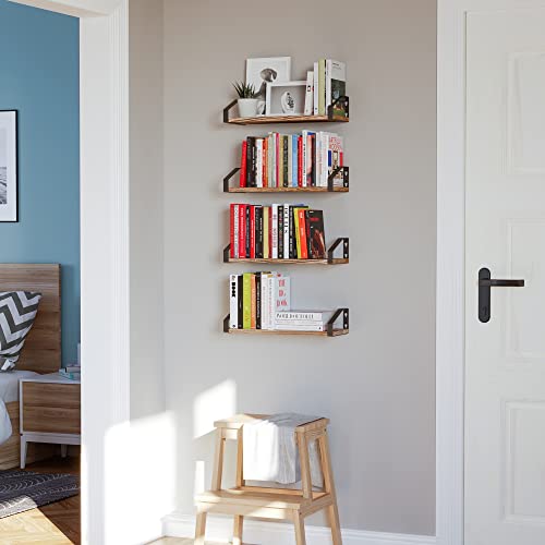 Wallniture Braga Floating Shelves for Wall Decor, Bookshelf Living Room Decor, Bathroom Organizer & Wall Shelves, Kitchen Organization, Burnt Finish Set of 4