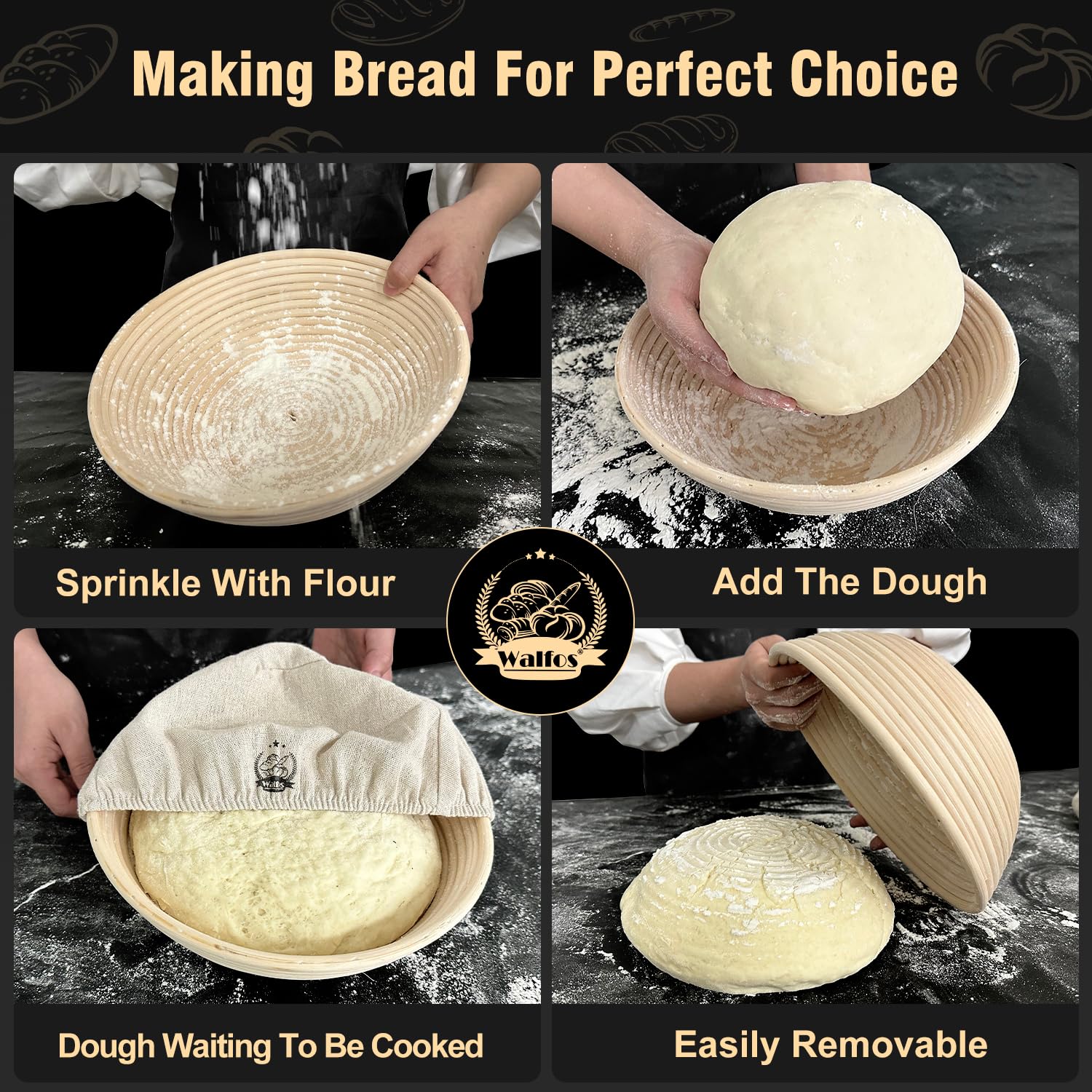 Walfos Banneton Proofing Basket Set(9 pcs)-100% Natural Rattan Sourdough Bread Basket,10" Round & 9" Orval Proofing Basket,Includes Professional Baking Tools,Great for Home and Professional Bakers