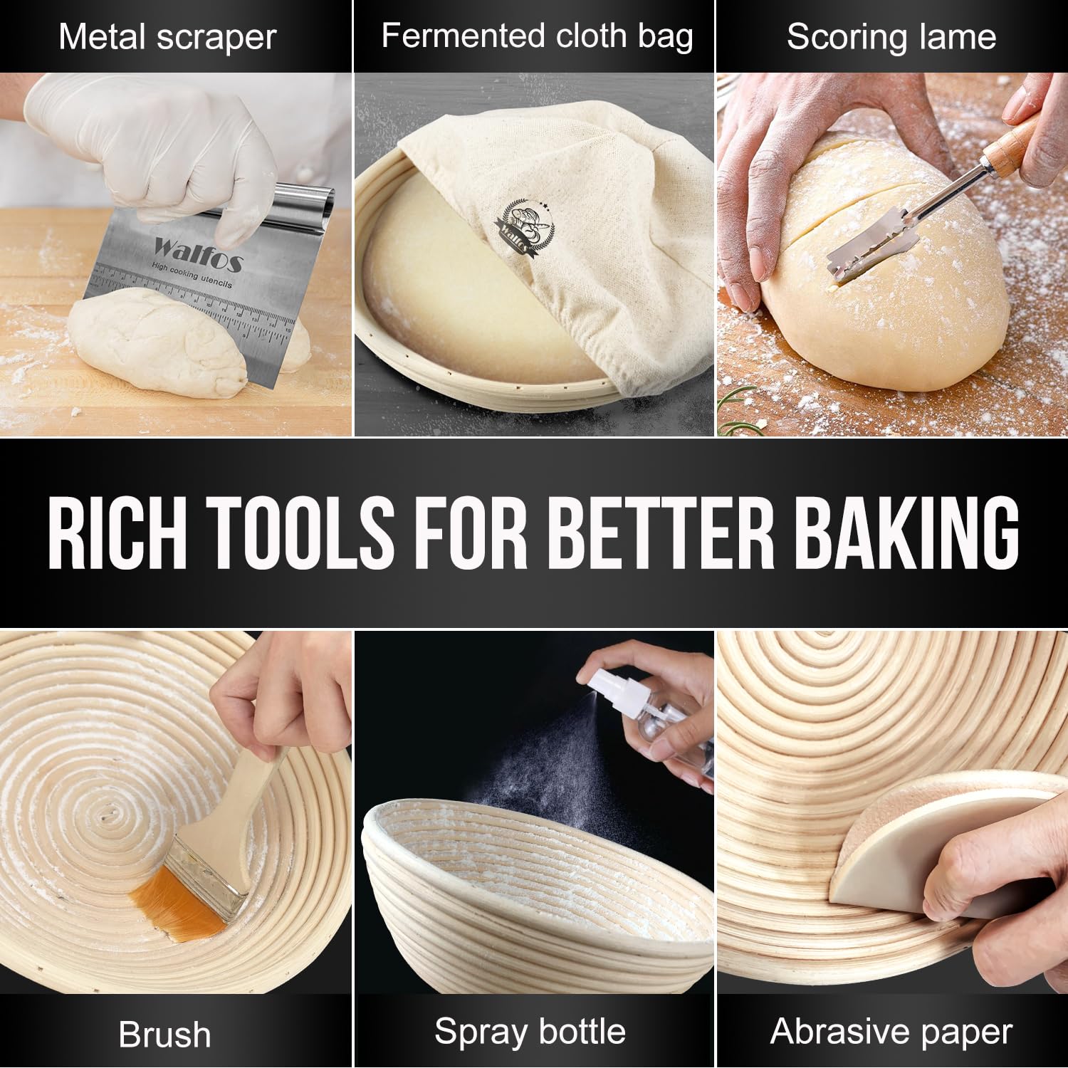 Walfos Banneton Proofing Basket Set(9 pcs)-100% Natural Rattan Sourdough Bread Basket,10" Round & 9" Orval Proofing Basket,Includes Professional Baking Tools,Great for Home and Professional Bakers