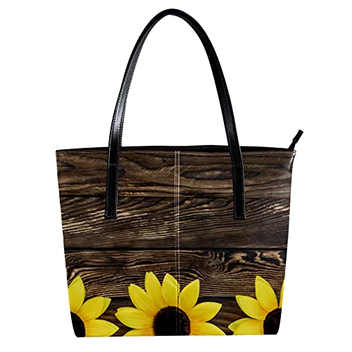 Sunflowers Wood Print Handbags for Women Large Purses Leather Tote Bag School Shoulder Bag