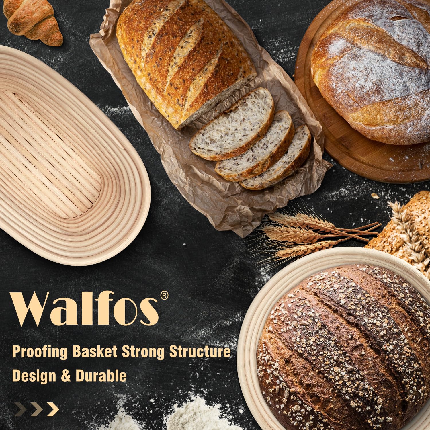 Walfos Banneton Proofing Basket Set(9 pcs)-100% Natural Rattan Sourdough Bread Basket,10" Round & 9" Orval Proofing Basket,Includes Professional Baking Tools,Great for Home and Professional Bakers