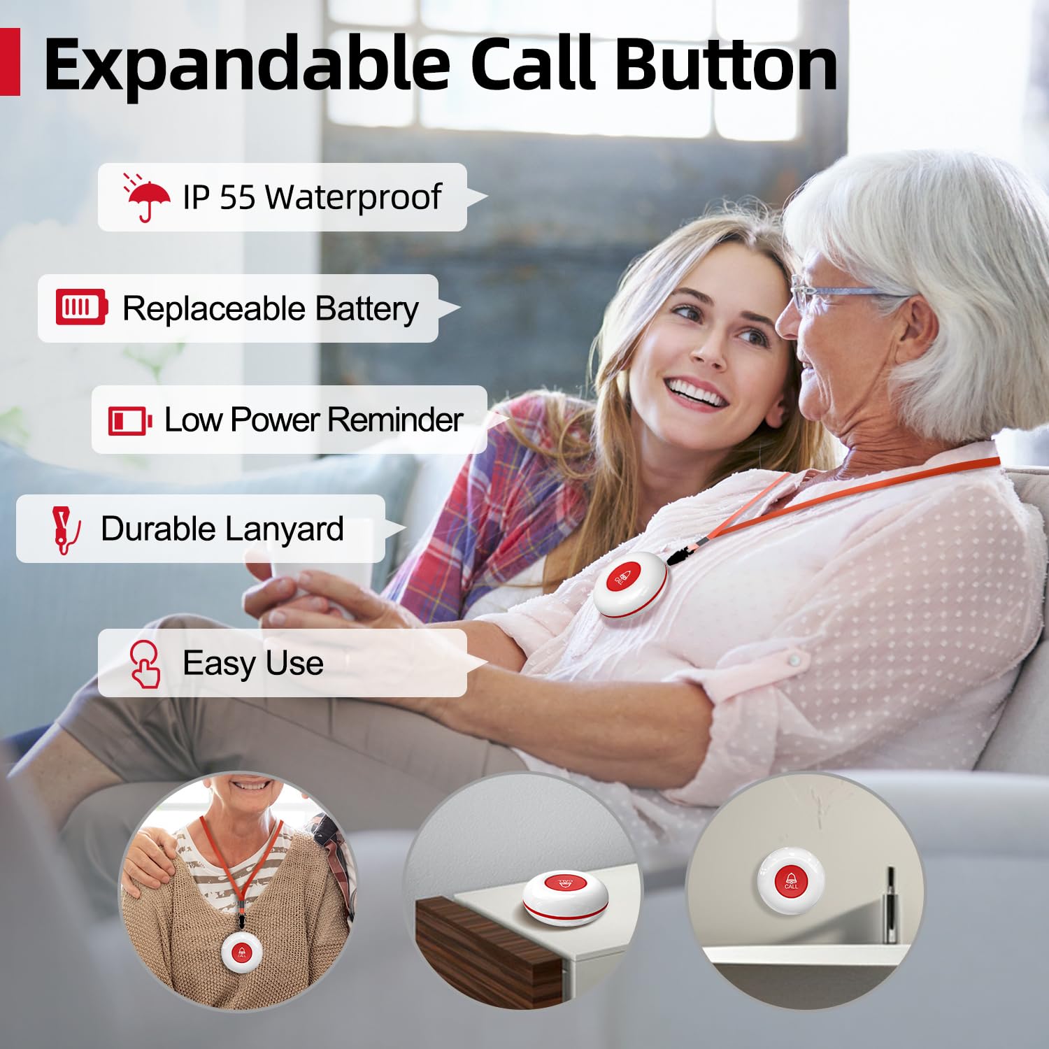 CallToU Wireless Call Buttons for Caregiver Pager and Restaurant Calling Pager Waterproof 500+ Feet Operating Range for Elderly/Patient/Disable(Need to Be Paired with Receiver to Work)