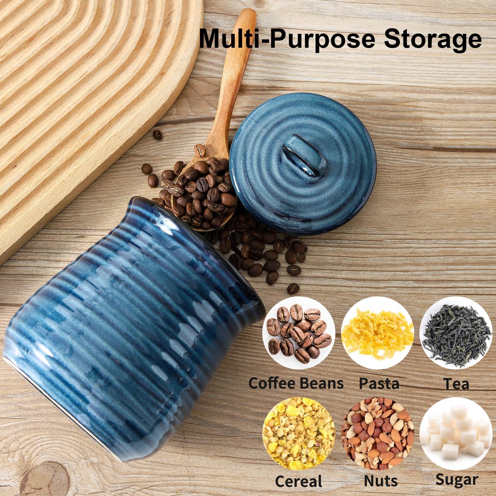 Tikooere Ceramic Kitchen Canister, Large Food Storage Jar with Aritight Lid for Coffee,Tea,Sugar,Flour,Cookie,Candy,Cereal,Dog Treat, 35 oz Coffee Canister for Kitchen Countertop, Blue
