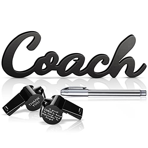 Yalikop 3 Pieces Coach Gifts, Coach Wood Sign, Coach Pen, Whistles with Lanyard, Coach Whistle, Wooden Letters Sign for Christmas Gift Men Women Referees Sports Coach Home Office Sports Decorations (Black Sign)