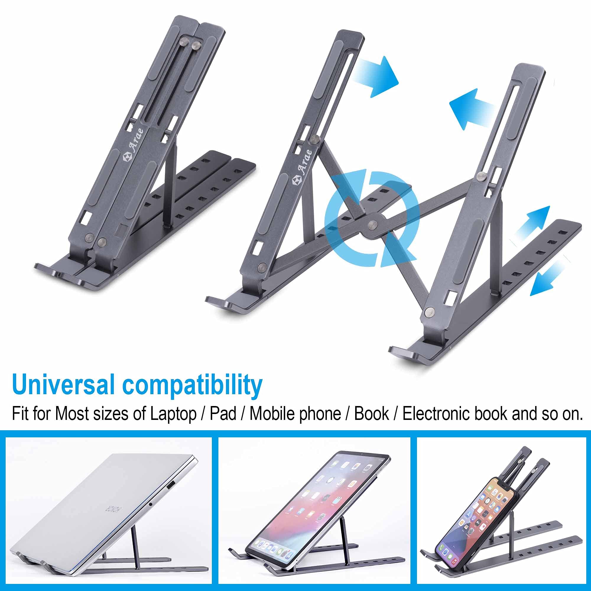 Arae Laptop Stand for Desk, Adjustable Ergonomic Portable Aluminum Laptop Holder, Foldable Computer Stand 7 Angles Anti-Slip Laptop Riser Compatible with 9-15.6 inch Laptops, Gray