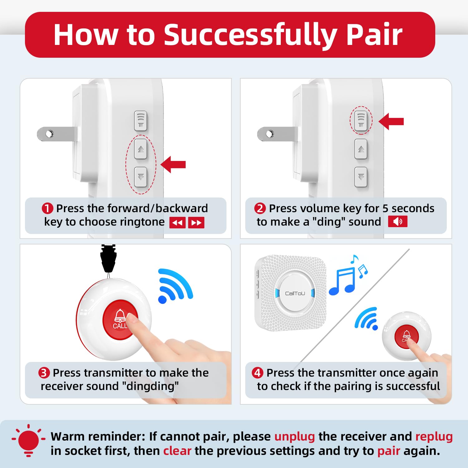 CallToU Wireless Call Buttons for Caregiver Pager and Restaurant Calling Pager Waterproof 500+ Feet Operating Range for Elderly/Patient/Disable(Need to Be Paired with Receiver to Work)