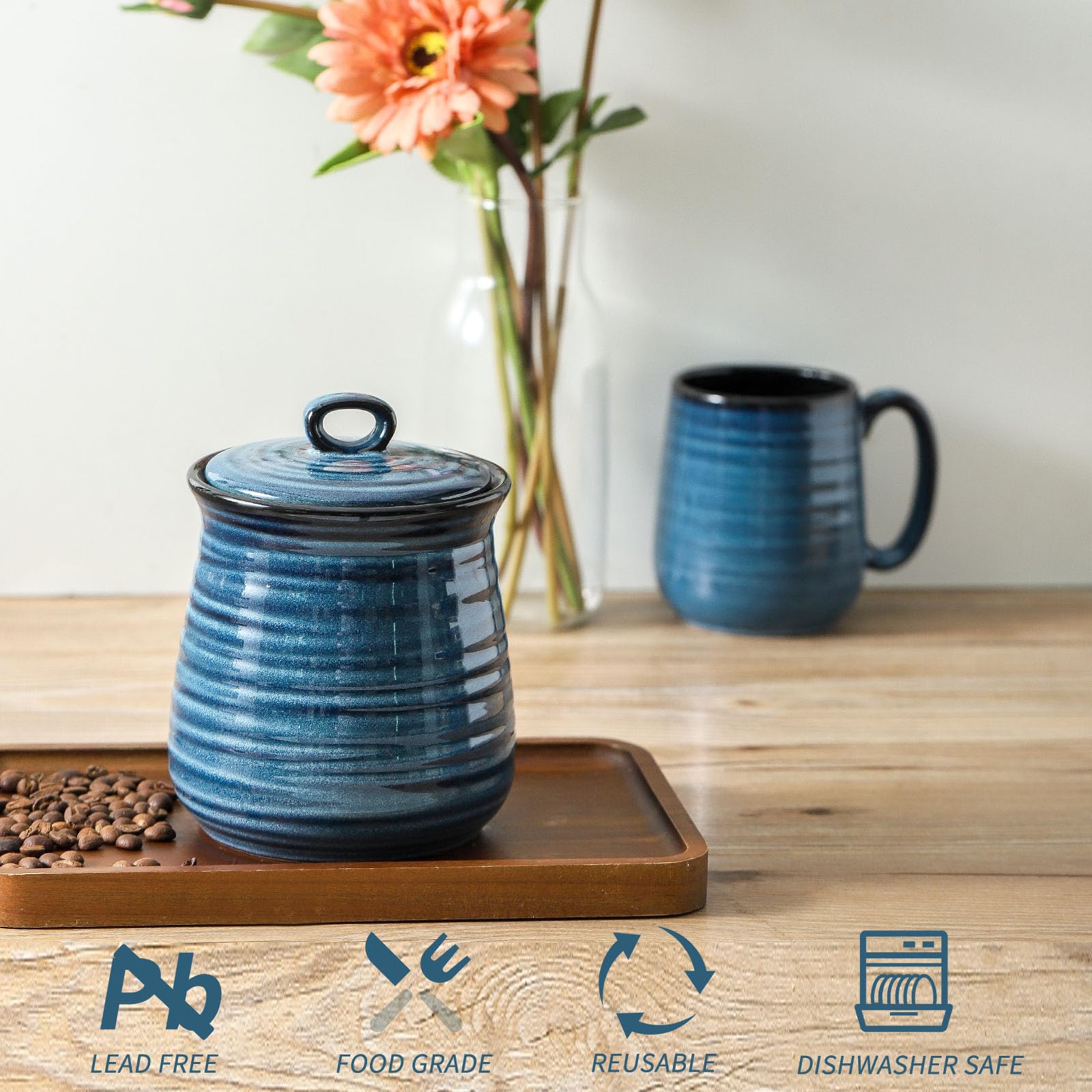 Tikooere Ceramic Kitchen Canister, Large Food Storage Jar with Aritight Lid for Coffee,Tea,Sugar,Flour,Cookie,Candy,Cereal,Dog Treat, 35 oz Coffee Canister for Kitchen Countertop, Blue