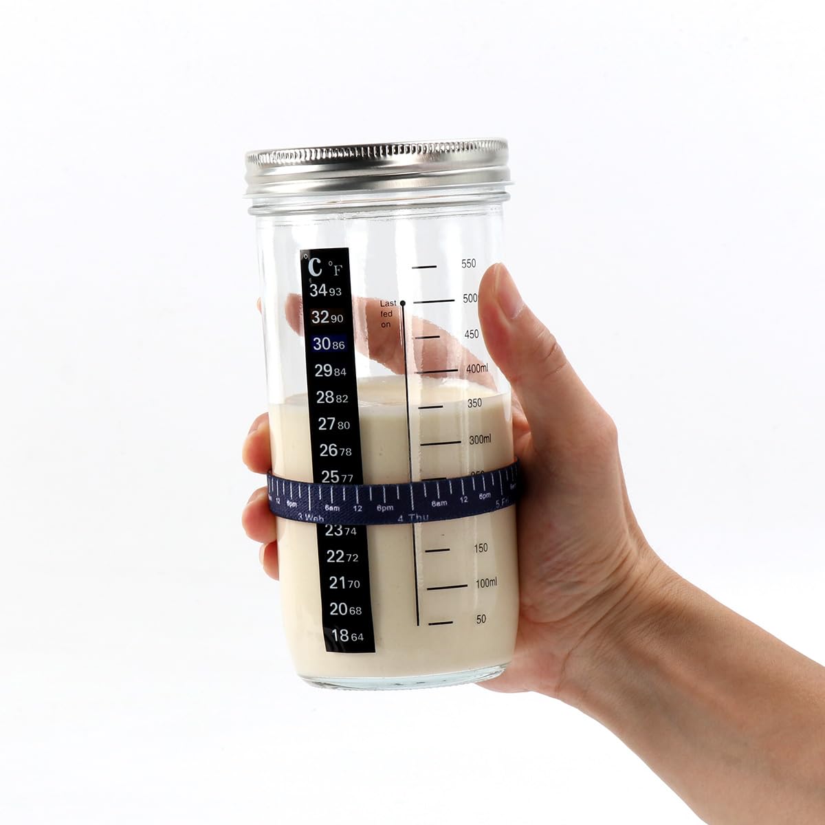 Sourdough Starter Jar for Sourdough Bread Baking, Sourdough Starter Kit With Date Marked Feeding Band, Thermometer, Scraper, Sourdough Container Sewn Cloth Cover & Metal Lid