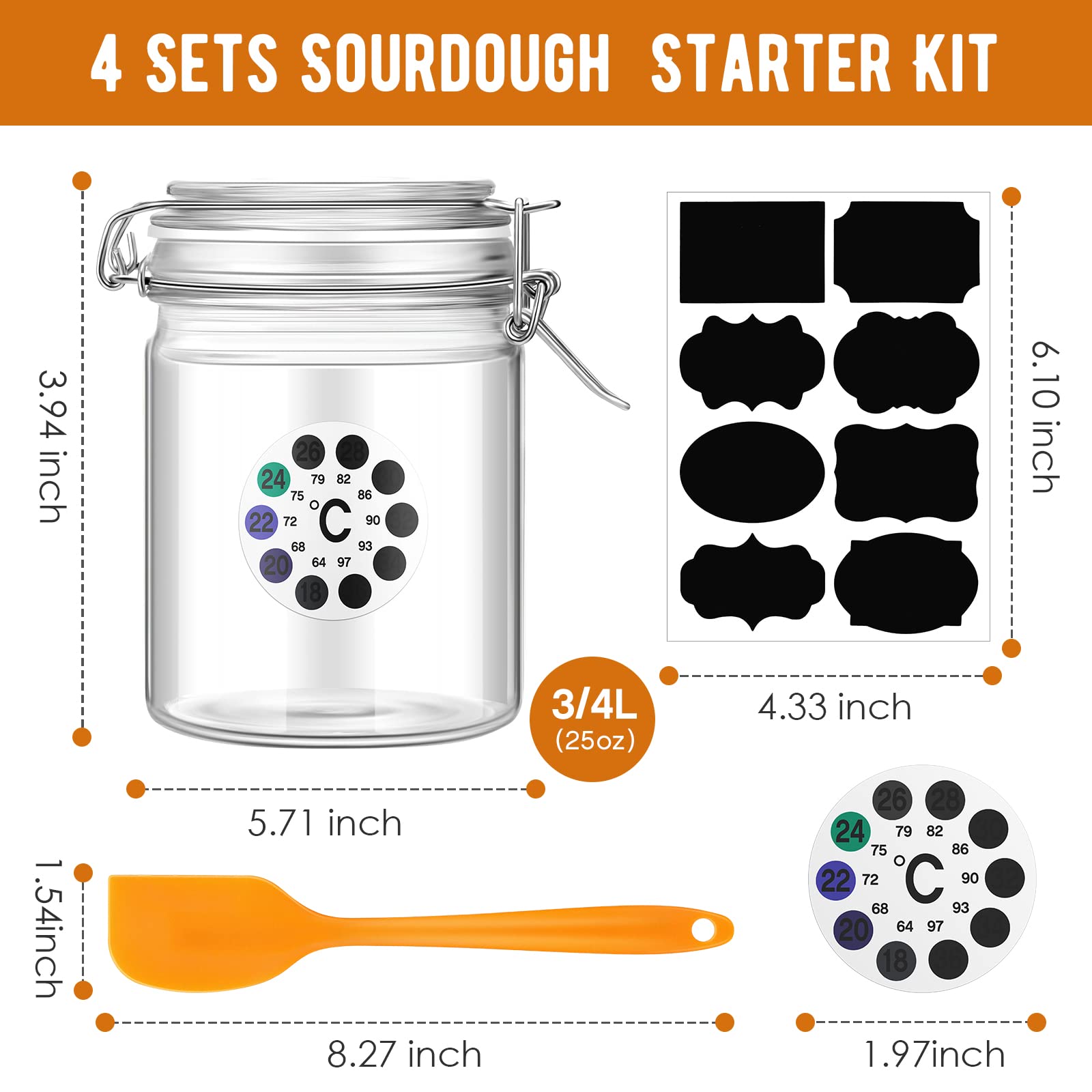 Rtteri 4 Pack 25 oz Glass Sourdough Starter Kit with Thermometer Sticker, Silicone Jar Spatula, Chalkboard Labels and Marker, Wide Mouth Airtight Sourdough Starter Container