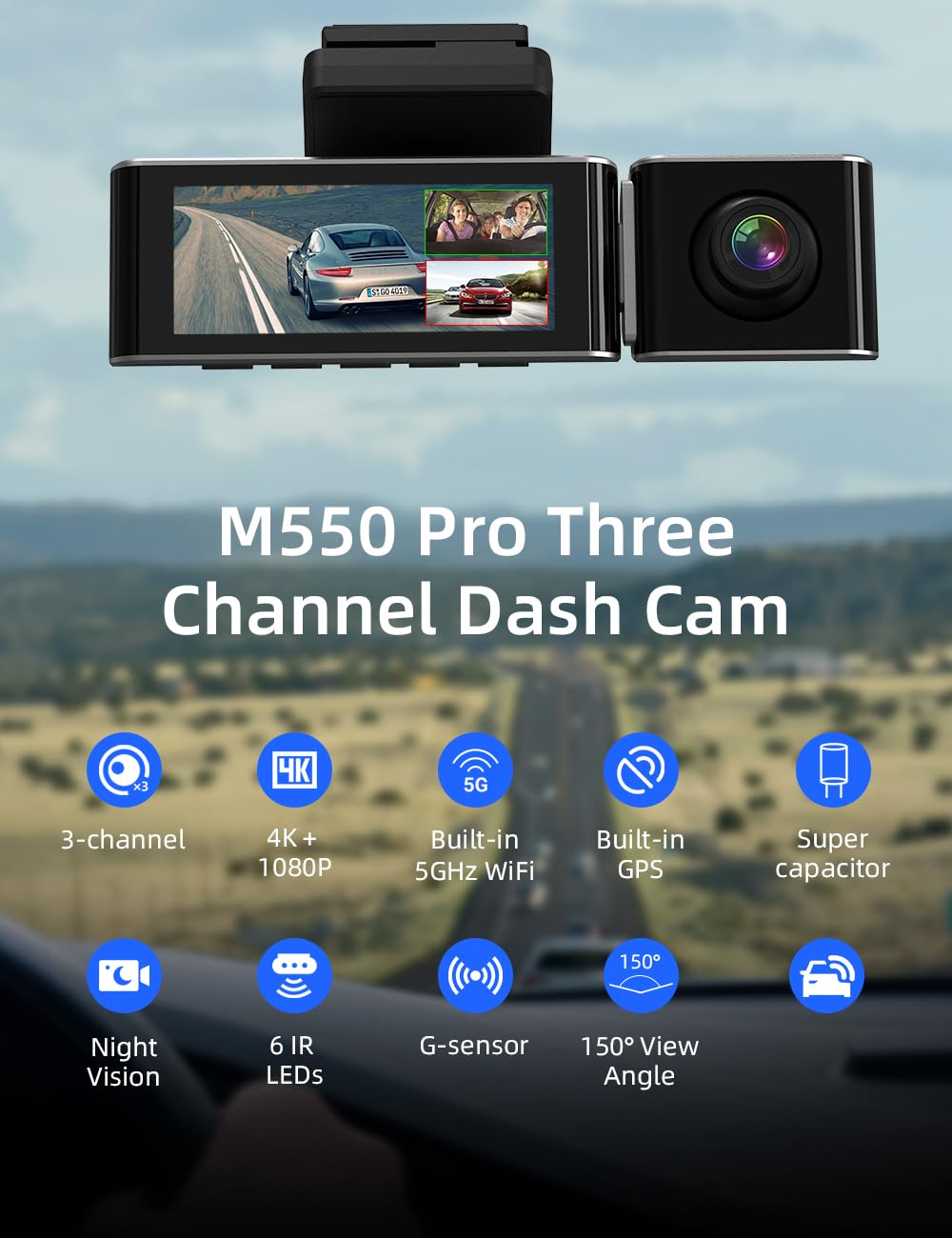 AZDOME 5G WiFi 4K 3 Channel Dash Cam, Free 64GB Card, 4K+1080P Front and Rear, 2K+1K Front and Inside, 2K+1K+1K Three Way Dash Camera, WDR IR Night Vision, 24H Parking Mode, Support 256GB Max