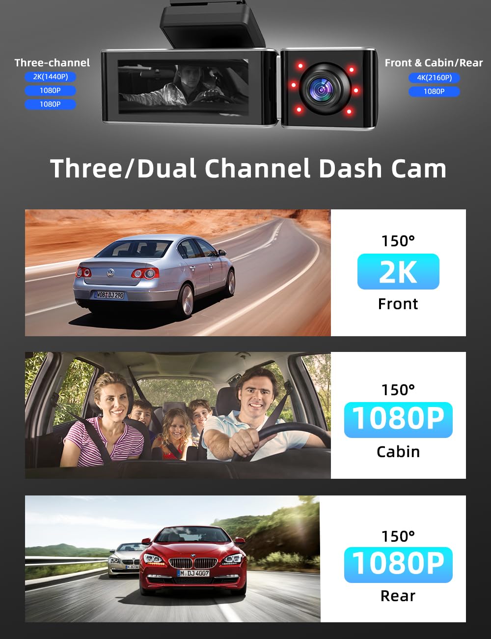 AZDOME 5G WiFi 4K 3 Channel Dash Cam, Free 64GB Card, 4K+1080P Front and Rear, 2K+1K Front and Inside, 2K+1K+1K Three Way Dash Camera, WDR IR Night Vision, 24H Parking Mode, Support 256GB Max