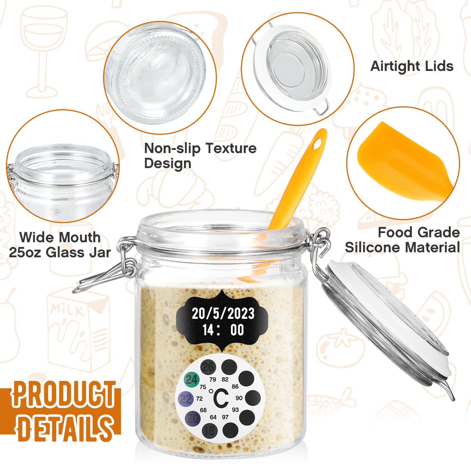 Rtteri 4 Pack 25 oz Glass Sourdough Starter Kit with Thermometer Sticker, Silicone Jar Spatula, Chalkboard Labels and Marker, Wide Mouth Airtight Sourdough Starter Container