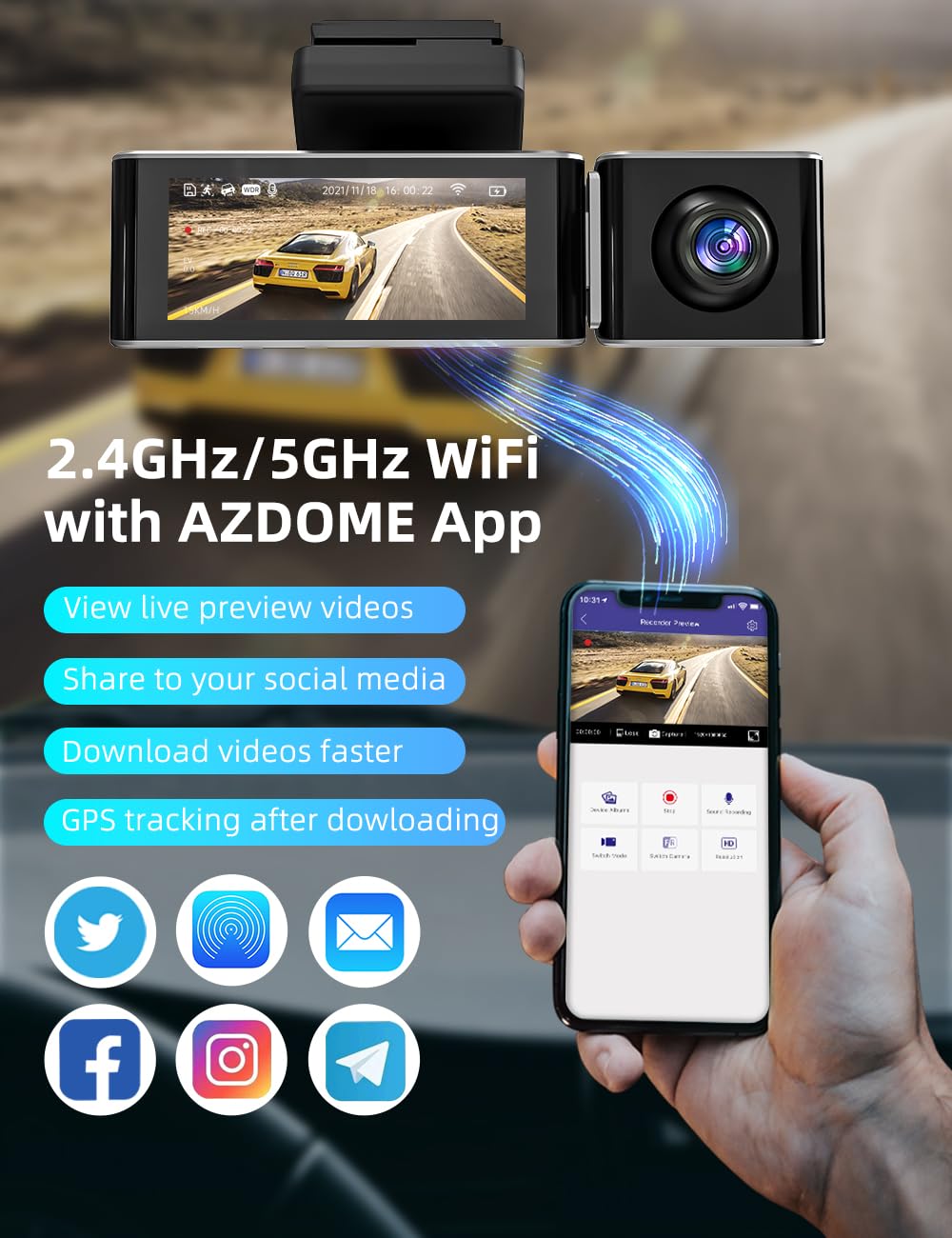 AZDOME 5G WiFi 4K 3 Channel Dash Cam, Free 64GB Card, 4K+1080P Front and Rear, 2K+1K Front and Inside, 2K+1K+1K Three Way Dash Camera, WDR IR Night Vision, 24H Parking Mode, Support 256GB Max