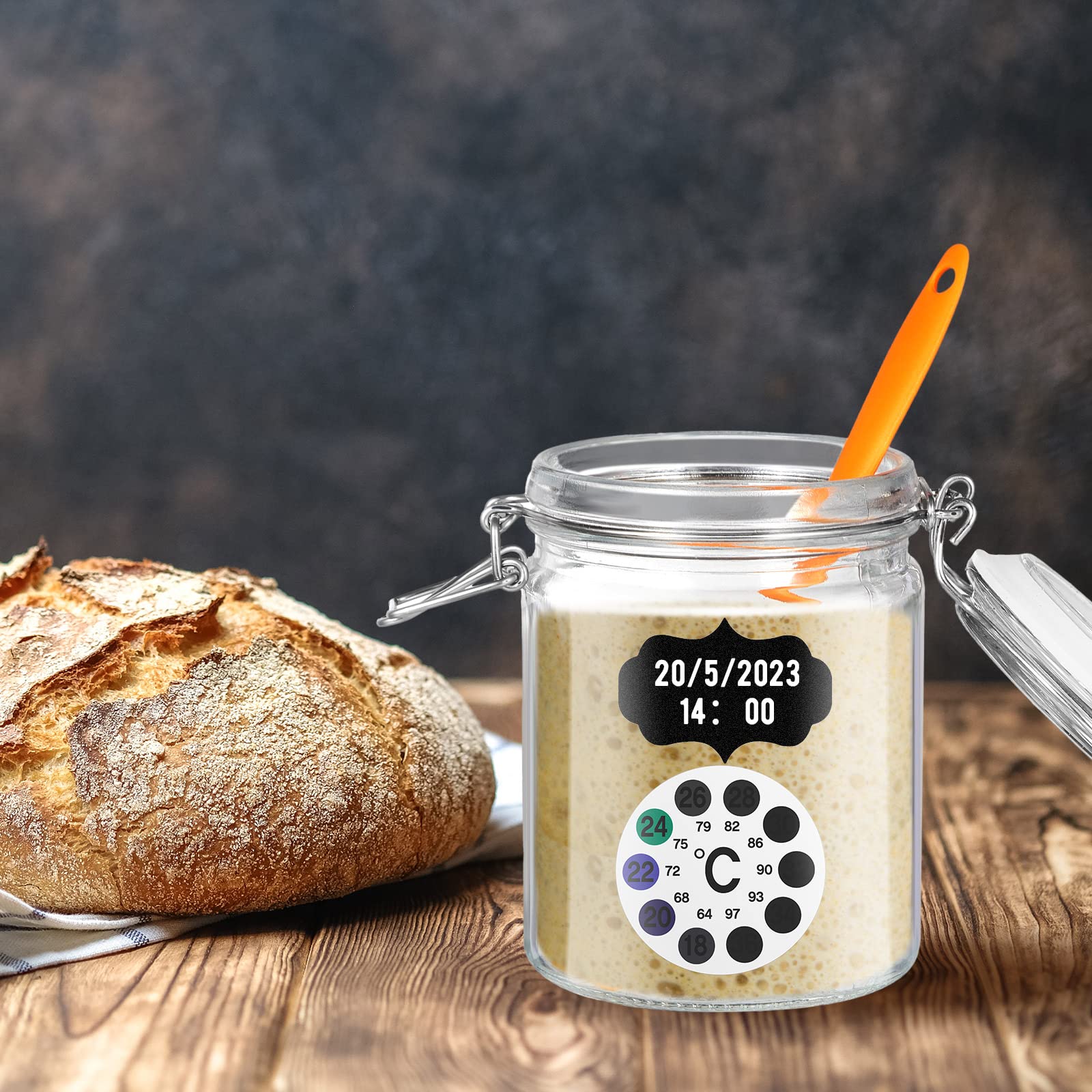 Rtteri 4 Pack 25 oz Glass Sourdough Starter Kit with Thermometer Sticker, Silicone Jar Spatula, Chalkboard Labels and Marker, Wide Mouth Airtight Sourdough Starter Container