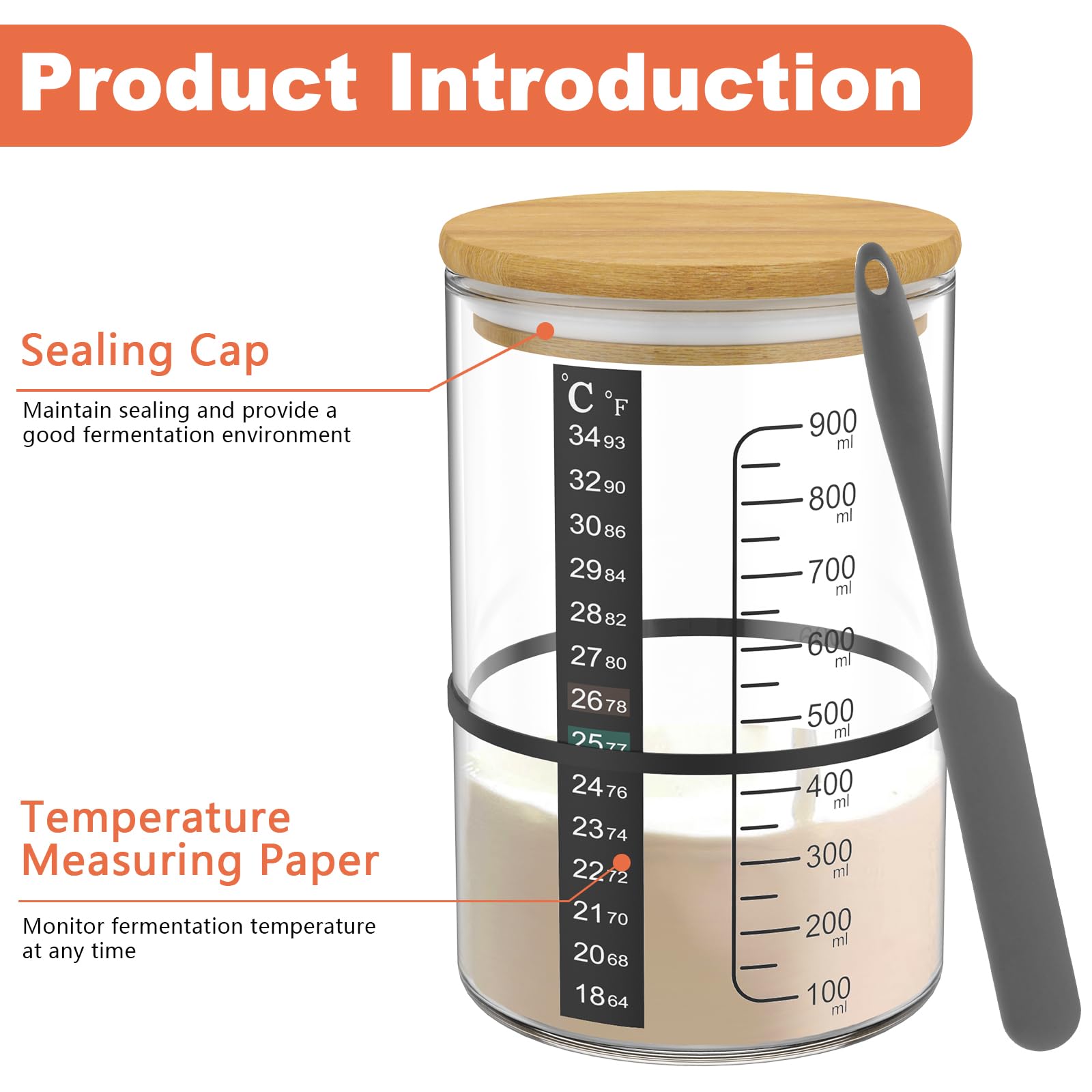 Sourdough Starter Jar with Wooden Lid 900ml Sourdough Starter Container, Wide Mouth Clear Sourdough Fermentation Jar Glass Starter Jar with Temperature Paper Spatula Rubber String for Baking Bread