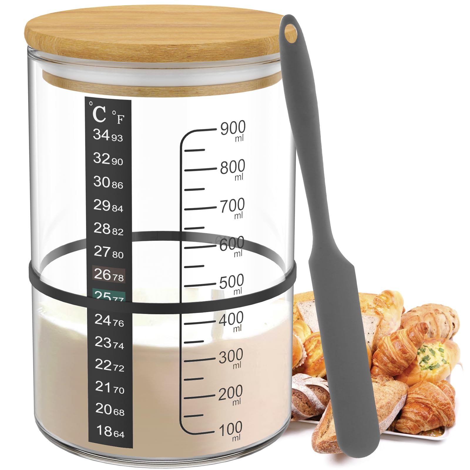 Sourdough Starter Jar with Wooden Lid 900ml Sourdough Starter Container, Wide Mouth Clear Sourdough Fermentation Jar Glass Starter Jar with Temperature Paper Spatula Rubber String for Baking Bread