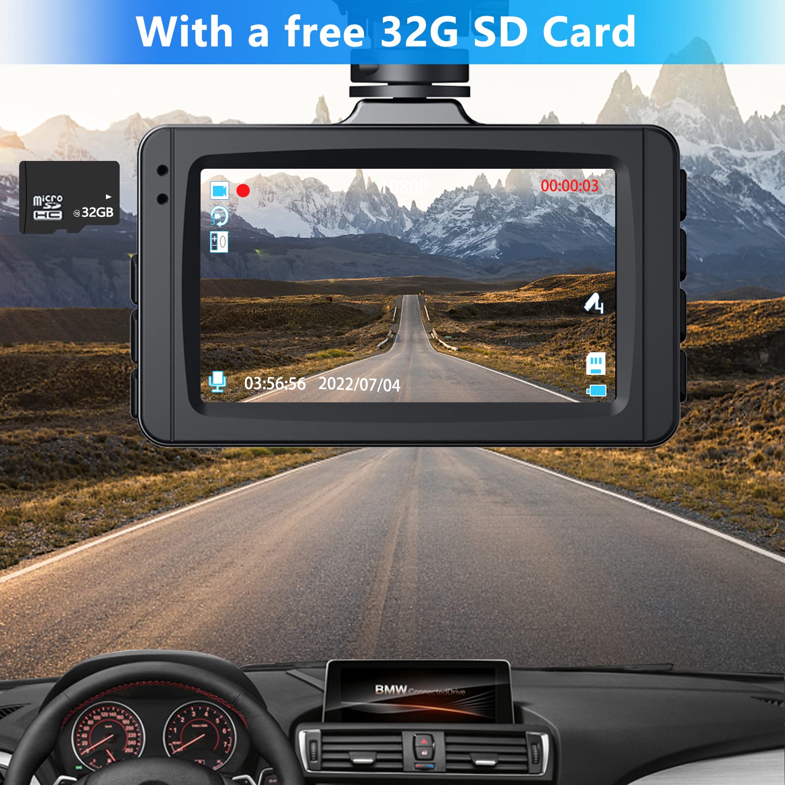 NOLYTH Dash Cam Car Camera 1080P Full HD Front Dash Camera for Cars with 32G SD Card, 3" LCD, F2.0 Glass Lens, WDR, Night Vision, Parking Monitor