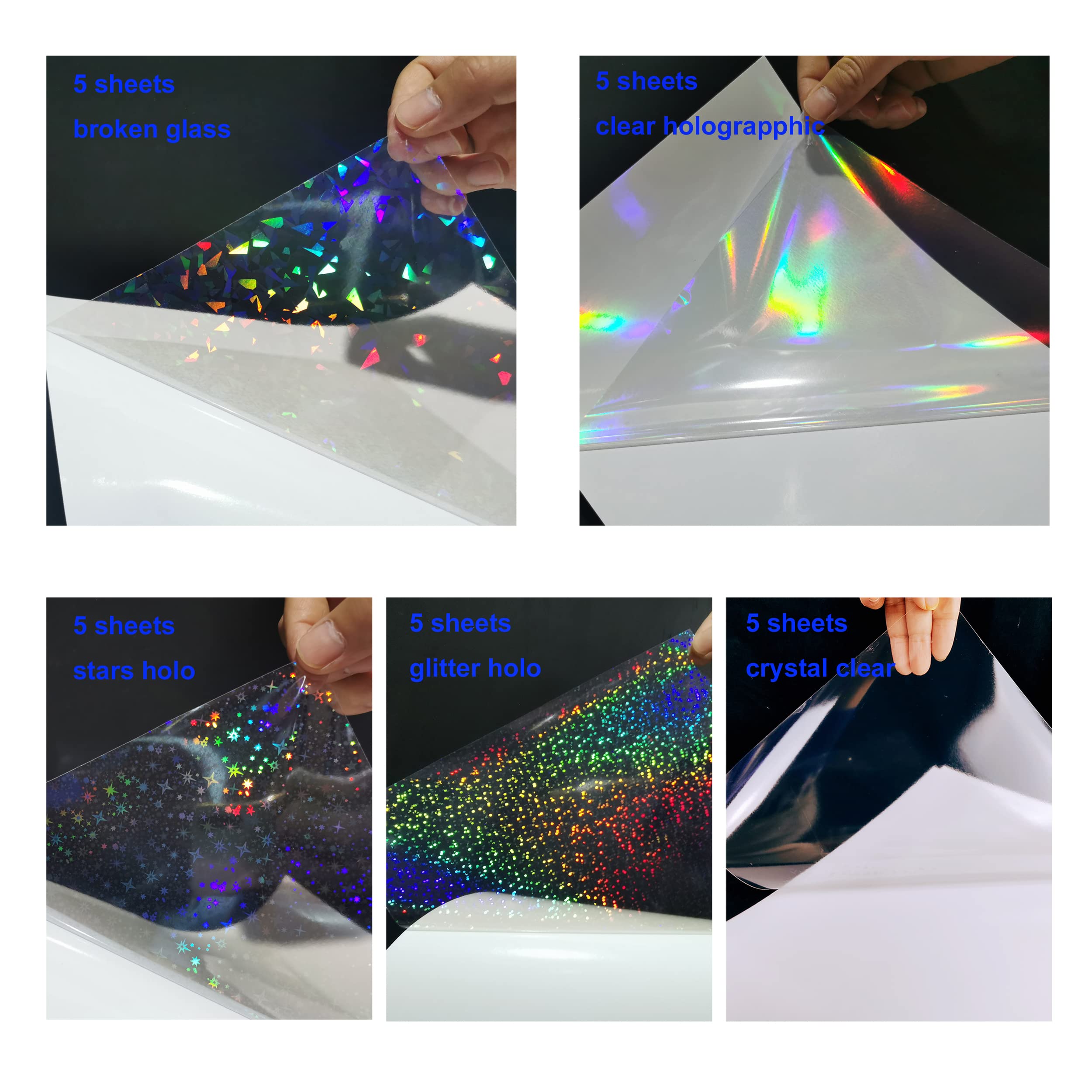 25 Sheets A4 Size (8.25”x11.7“)Holographic Sticker 5 Styles Mixed Clear Adhesive Laminted Film Holographic Overlay No need Machine