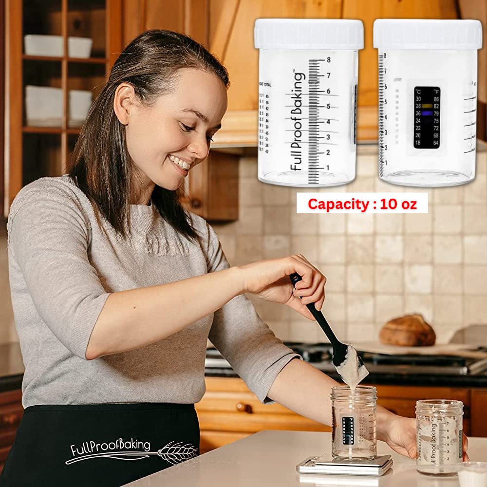 Full Proof Baking Sourdough Starter Kit | 1/2 Hour Guide Video (link) | Two 10oz Glass Smart Jars w/Thermometers, Rulers, Feeding Ratios | Digital Scale | Spatula and Scoop, (Starter Not Included)