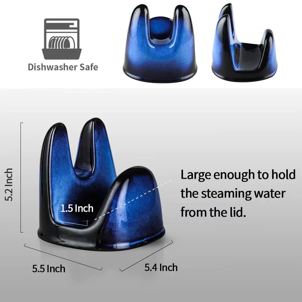 Nihow Pot Lid Holder: Stable Ceramic Pan Lid Holder for Kitchen Counter Decor/Countertop/Stove Top- Heat Resistant & Dishwasher Safe - Elegant Black & Blue (1PC)