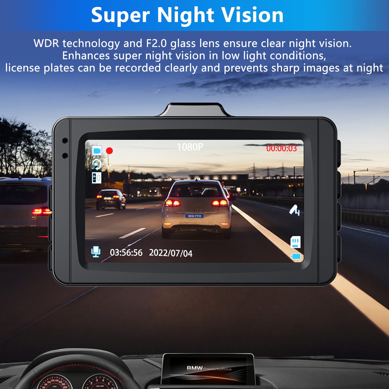 NOLYTH Dash Cam Car Camera 1080P Full HD Front Dash Camera for Cars with 32G SD Card, 3" LCD, F2.0 Glass Lens, WDR, Night Vision, Parking Monitor