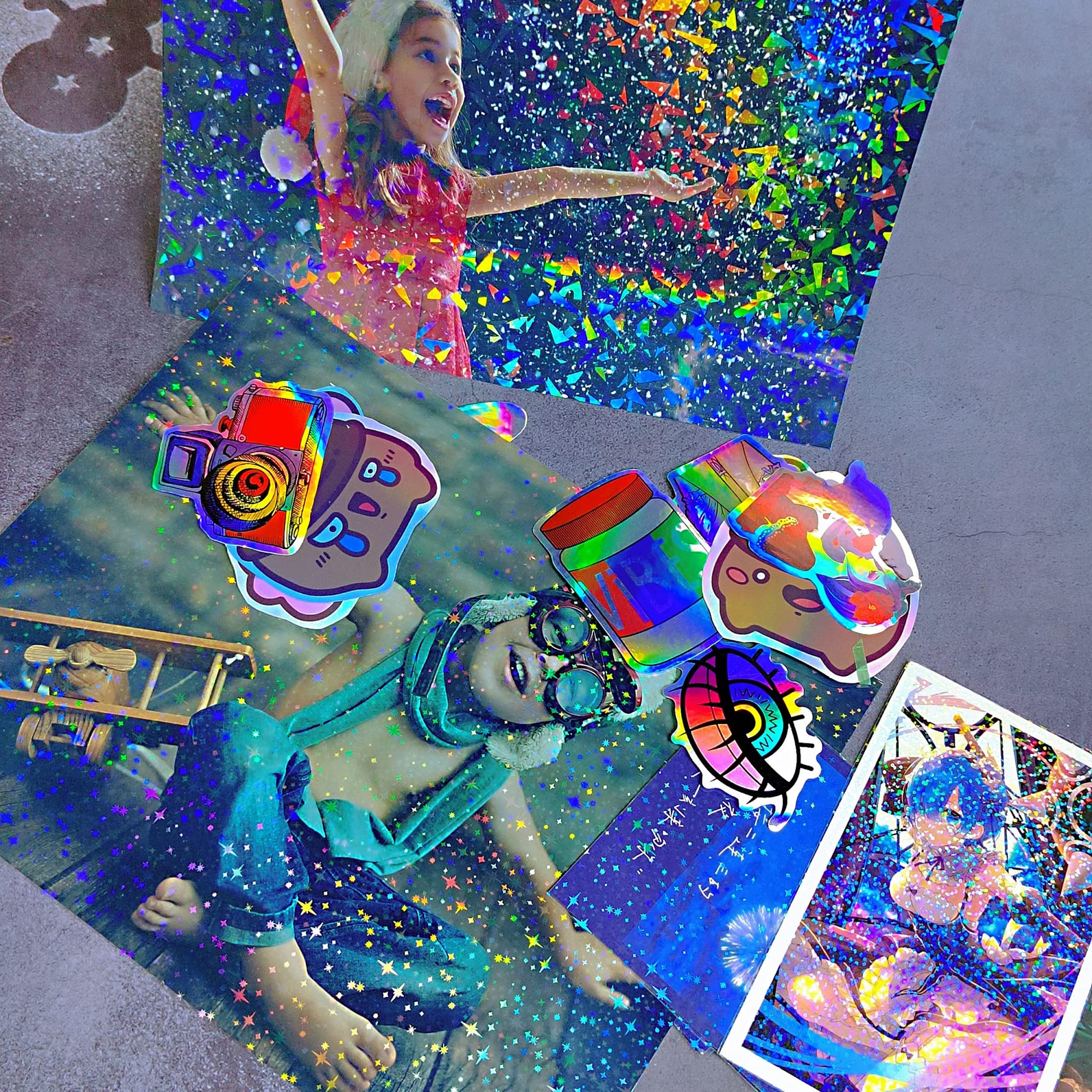 25 Sheets A4 Size (8.25”x11.7“)Holographic Sticker 5 Styles Mixed Clear Adhesive Laminted Film Holographic Overlay No need Machine