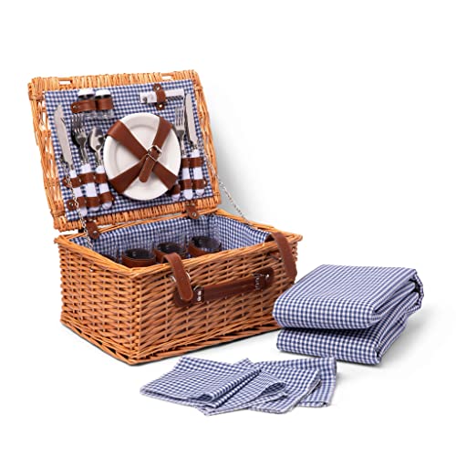Wicker Picnic Basket Set for 4 Persons Portable Willow Hamper Large Capacity, Lightweight, Durable, and Washable Cotton Cloth Basket with Handle and Lid for Outdoor, Family, Camping (16 x 12 x 7.1in)