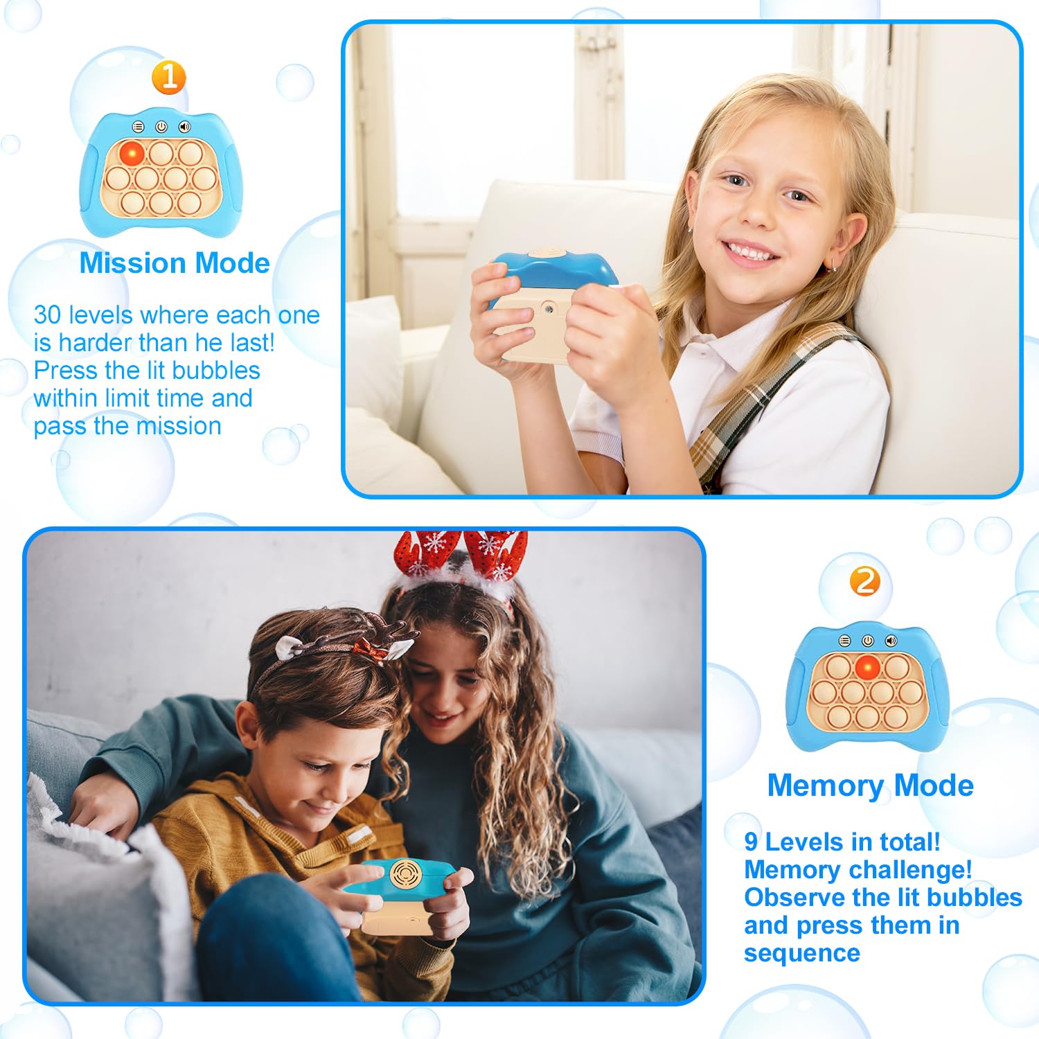 AICARGER Quick Push Puzzle Game Machine Pop Fidget Light-Up Squeeze Poppet Sensory Toy Educational Push Pop Bubble Toy Stress Relief Party Favors Puzzle Game for Kids Teens Adults (Light Blue)
