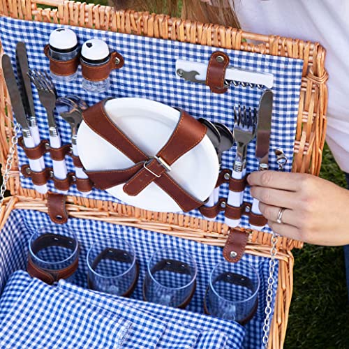 Wicker Picnic Basket Set for 4 Persons Portable Willow Hamper Large Capacity, Lightweight, Durable, and Washable Cotton Cloth Basket with Handle and Lid for Outdoor, Family, Camping (16 x 12 x 7.1in)