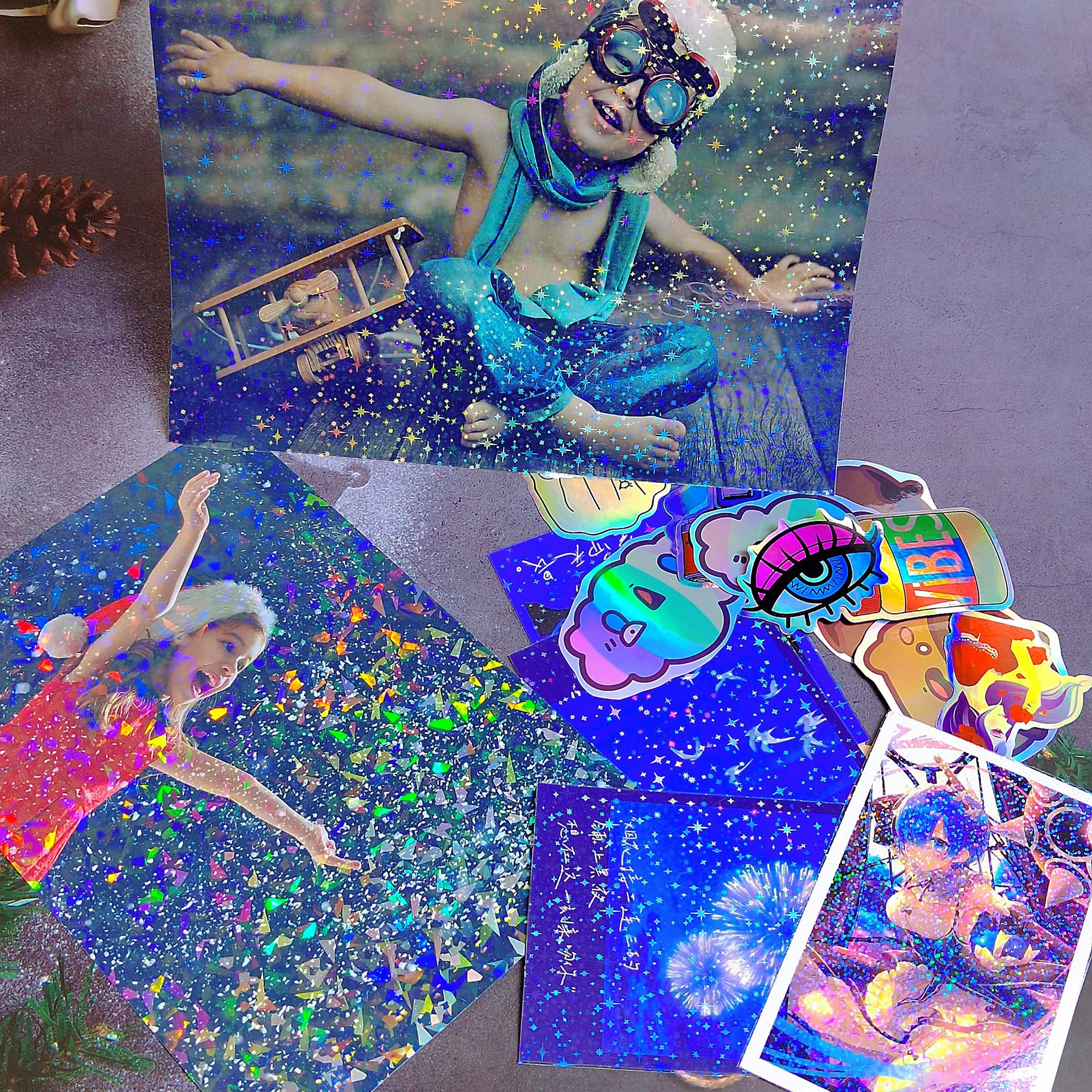 25 Sheets A4 Size (8.25”x11.7“)Holographic Sticker 5 Styles Mixed Clear Adhesive Laminted Film Holographic Overlay No need Machine