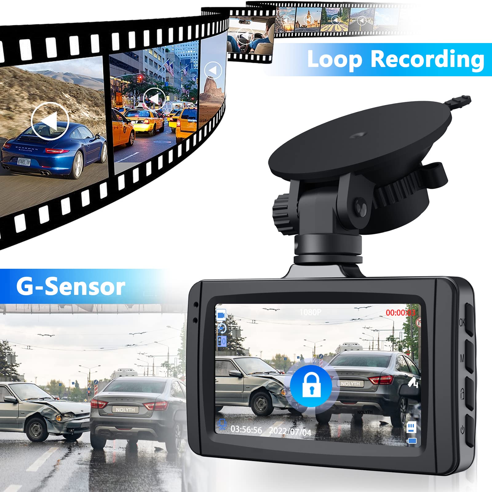 NOLYTH Dash Cam Car Camera 1080P Full HD Front Dash Camera for Cars with 32G SD Card, 3" LCD, F2.0 Glass Lens, WDR, Night Vision, Parking Monitor