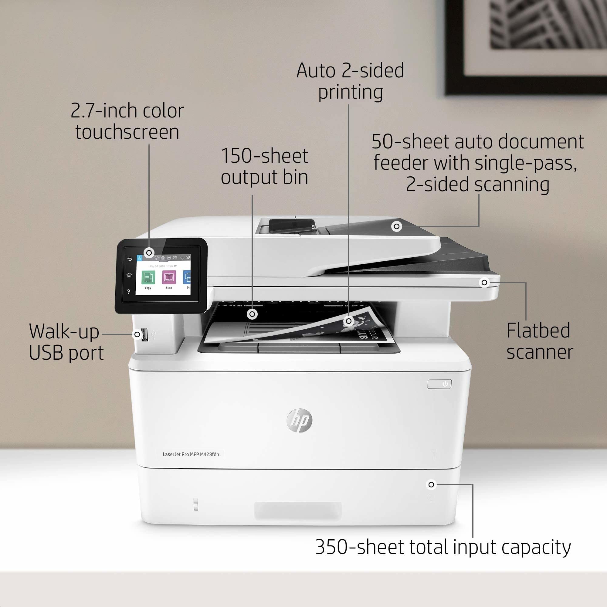 HP Laserjet Pro MFP M428fdn All-in-One Wired Ethernet only Monochrome Laser Printer, White - Print Scan Copy Fax - 2.7" Touch, 40 ppm, 1200x1200 dpi, Auto 2-Sided Printing, 50-Sheet ADF, Cbmou Webcam