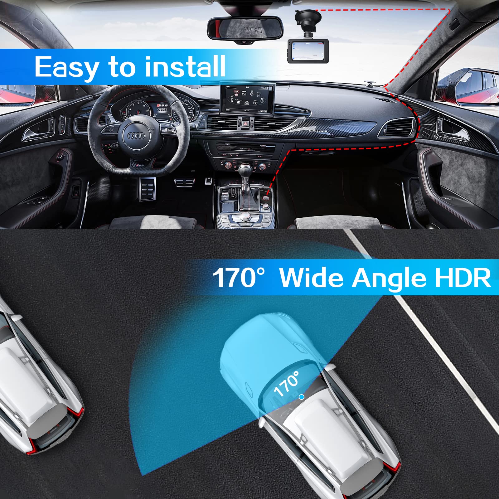 NOLYTH Dash Cam Car Camera 1080P Full HD Front Dash Camera for Cars with 32G SD Card, 3" LCD, F2.0 Glass Lens, WDR, Night Vision, Parking Monitor