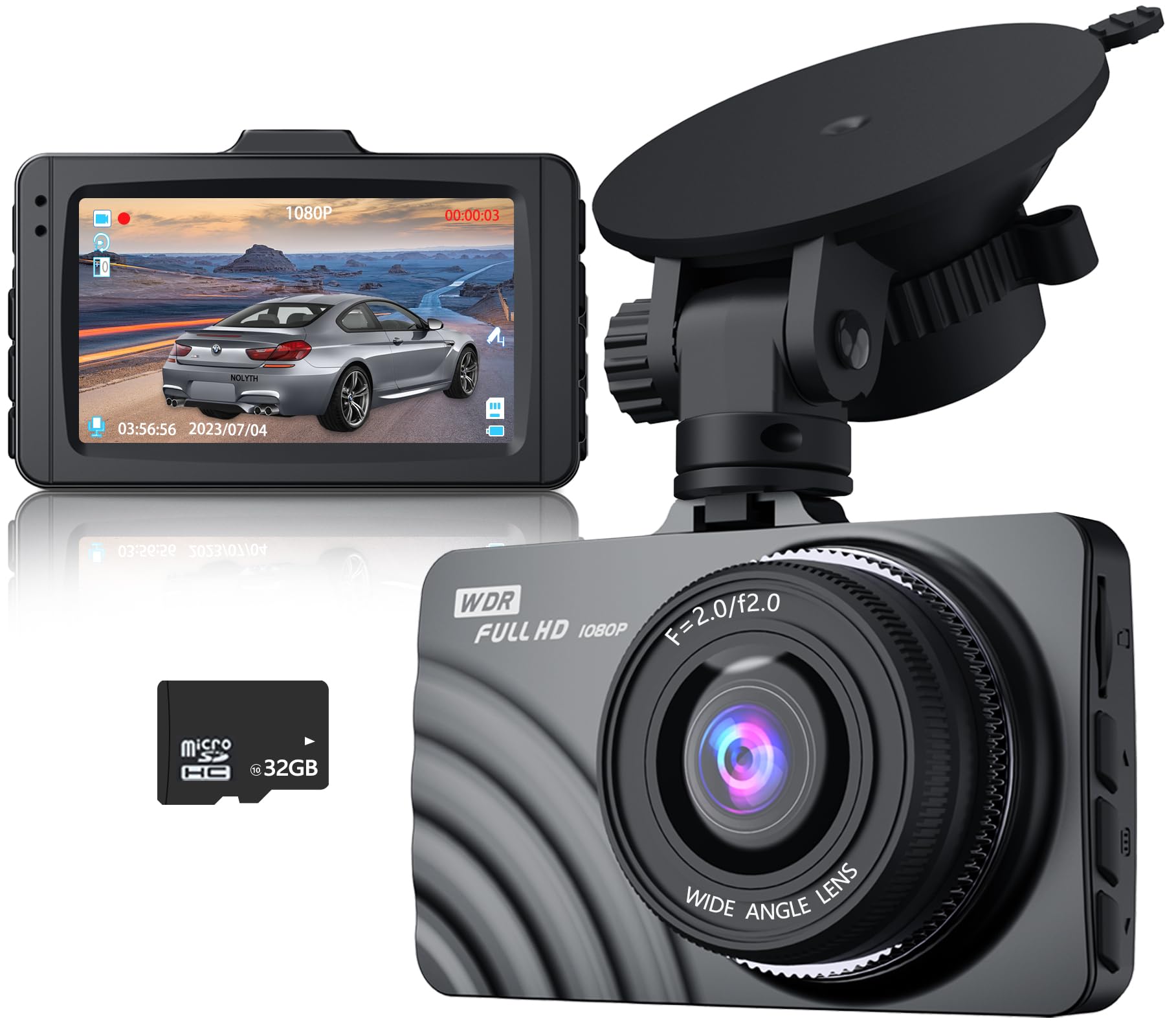 NOLYTH Dash Cam Car Camera 1080P Full HD Front Dash Camera for Cars with 32G SD Card, 3" LCD, F2.0 Glass Lens, WDR, Night Vision, Parking Monitor
