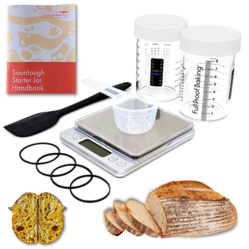 Full Proof Baking Sourdough Starter Kit | 1/2 Hour Guide Video (link) | Two 10oz Glass Smart Jars w/Thermometers, Rulers, Feeding Ratios | Digital Scale | Spatula and Scoop, (Starter Not Included)