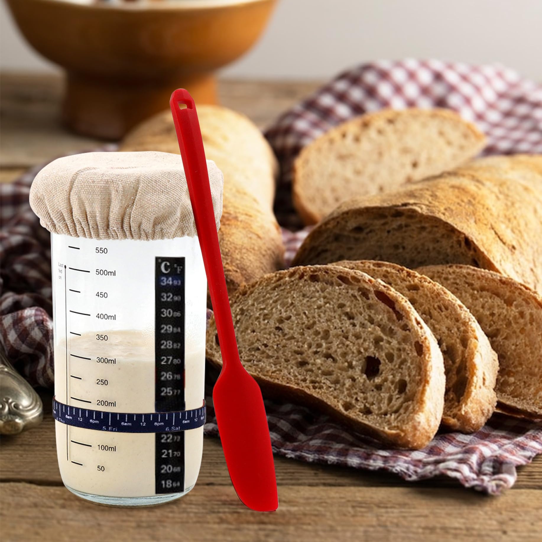 Sourdough Starter Jar with Lid Set, 550ml Glass Round Jar Reusable Wide Mouth Jar with Scale + Silicone Scraper + Cloth Cover for Bread Fermentation Various Flour, 6Pcs