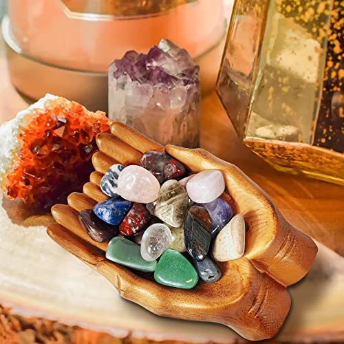 Montex Crystal Display Crarved Hand Shaped Crystal Holder, Crystal Shelf Wooden Key Bowl