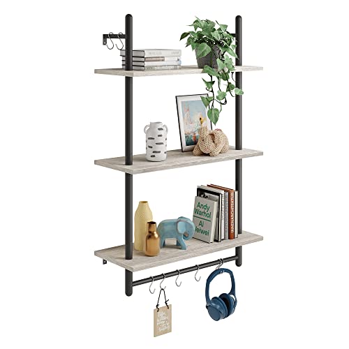 Bestier Floating Shelves, Storage Hanging Shelves for Wall Decor with Towel Bar and Hooks for Living Room Kitchen Coffee Bar, Grey