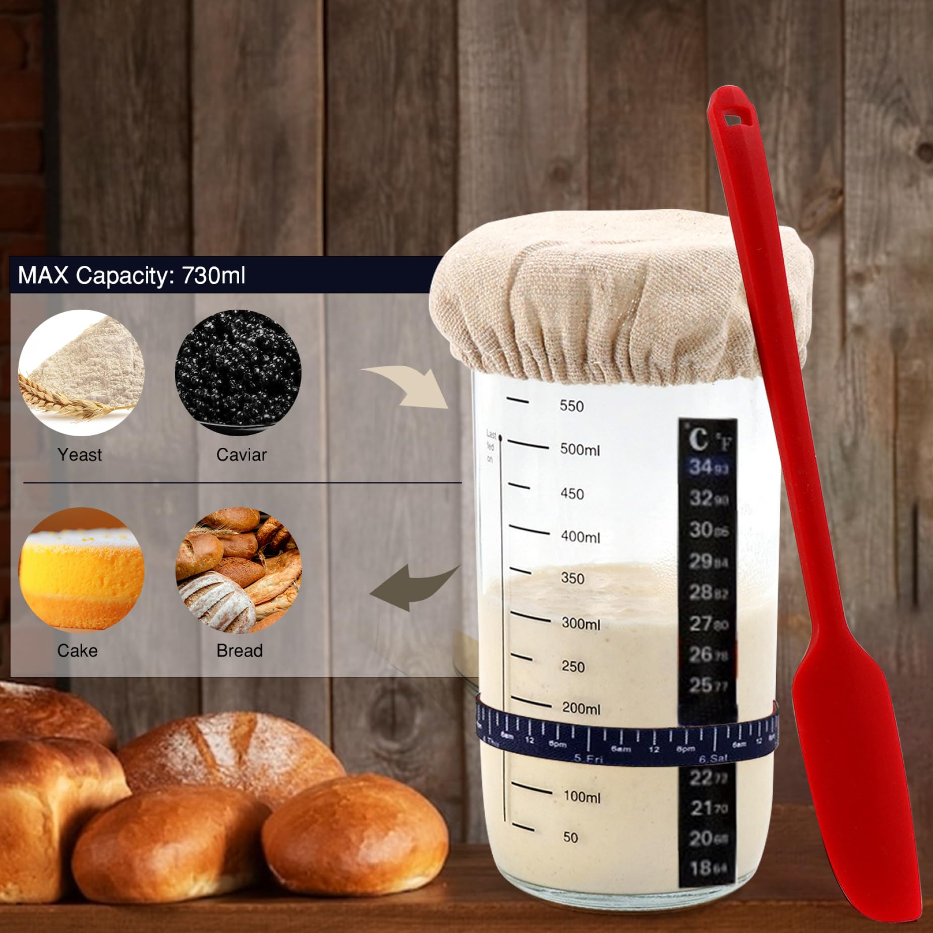Sourdough Starter Jar with Lid Set, 550ml Glass Round Jar Reusable Wide Mouth Jar with Scale + Silicone Scraper + Cloth Cover for Bread Fermentation Various Flour, 6Pcs