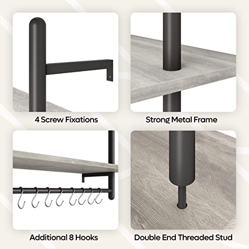 Bestier Floating Shelves, Storage Hanging Shelves for Wall Decor with Towel Bar and Hooks for Living Room Kitchen Coffee Bar, Grey